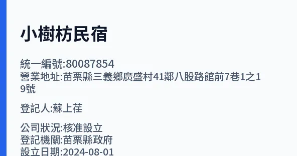 小樹枋民宿的照片-統編 80087854(苗栗縣) 公司登記資料與營業項目詳細圖表