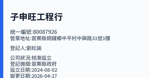 子申旺工程行的照片-統編 80087926(苗栗縣) 公司登記資料與營業項目詳細圖表
