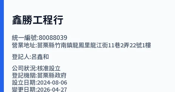 鑫勝工程行的照片-統編 80088039(苗栗縣) 公司登記資料與營業項目詳細圖表