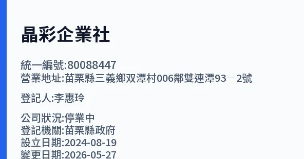 晶彩企業社的照片-統編 80088447(苗栗縣) 公司登記資料與營業項目詳細圖表