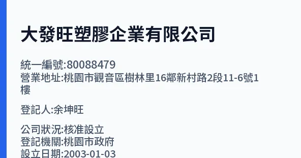 大發旺塑膠企業有限公司的照片-統編 80088479(桃園市) 公司登記資料與營業項目詳細圖表
