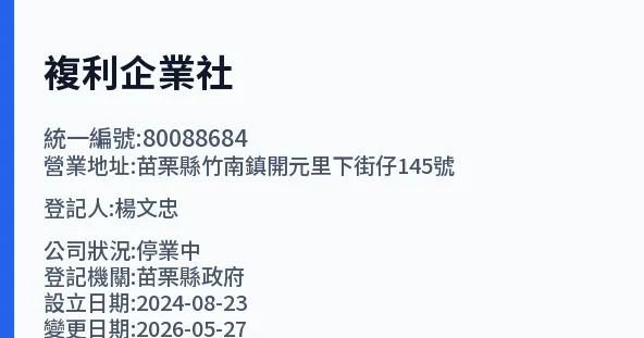 複利企業社的照片-統編 80088684(苗栗縣) 公司登記資料與營業項目詳細圖表