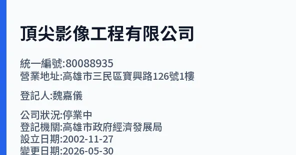 頂尖影像工程有限公司的照片-統編 80088935(高雄市) 公司登記資料與營業項目詳細圖表