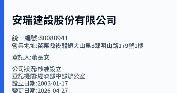 安瑞建設股份有限公司的照片-統編 80088941(苗栗縣) 公司登記資料與營業項目詳細圖表