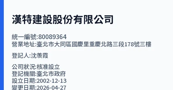 漢特建設股份有限公司的照片-統編 80089364(臺北市) 公司登記資料與營業項目詳細圖表