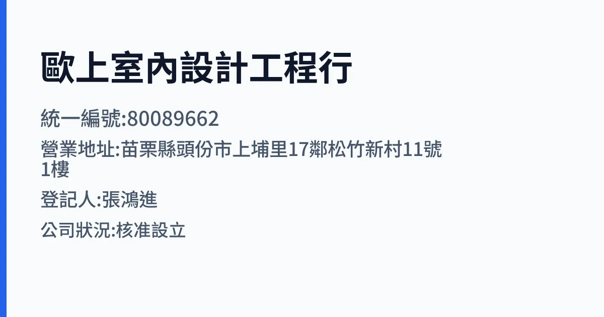 歐上室內設計工程行 - 統編 80089662(苗栗縣) 公司登記資料與營業項目詳細圖表