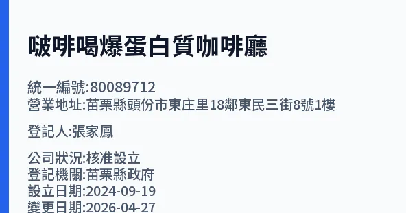啵啡喝爆蛋白質咖啡廳的照片-統編 80089712(苗栗縣) 公司登記資料與營業項目詳細圖表