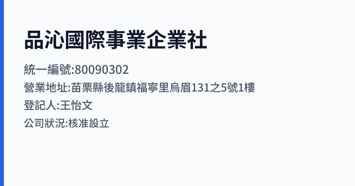 品沁國際事業企業社 - 統編 80090302(苗栗縣) 公司登記資料與營業項目詳細圖表
