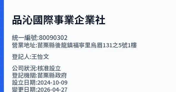 品沁國際事業企業社的照片-統編 80090302(苗栗縣) 公司登記資料與營業項目詳細圖表