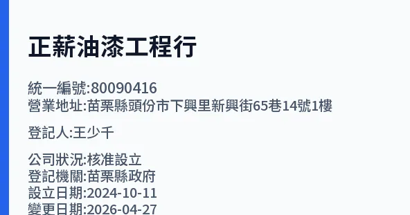 正薪油漆工程行的照片-統編 80090416(苗栗縣) 公司登記資料與營業項目詳細圖表