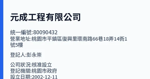 元成工程有限公司的照片-統編 80090432(桃園市) 公司登記資料與營業項目詳細圖表