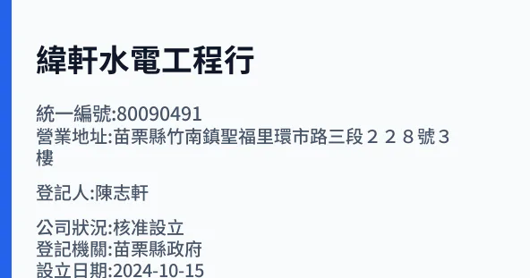 緯軒水電工程行的照片-統編 80090491(苗栗縣) 公司登記資料與營業項目詳細圖表