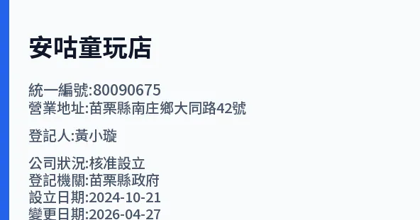 安咕童玩店的照片-統編 80090675(苗栗縣) 公司登記資料與營業項目詳細圖表