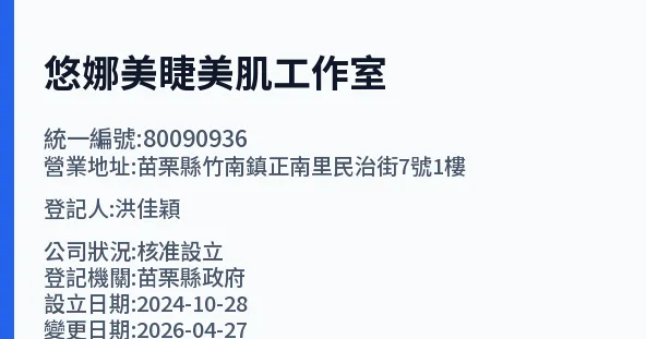悠娜美睫美肌工作室的照片-統編 80090936(苗栗縣) 公司登記資料與營業項目詳細圖表