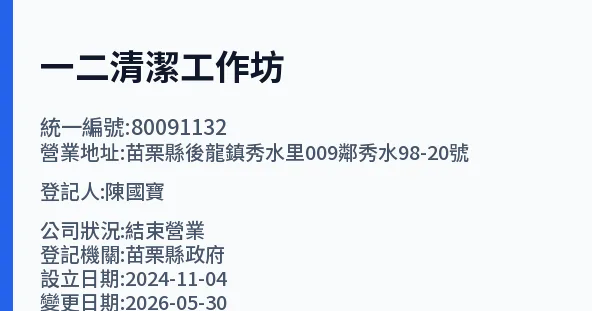 一二清潔工作坊的照片-統編 80091132(苗栗縣) 公司登記資料與營業項目詳細圖表