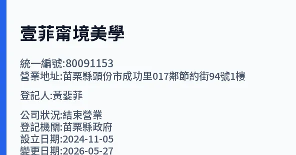 壹菲甯境美學的照片-統編 80091153(苗栗縣) 公司登記資料與營業項目詳細圖表
