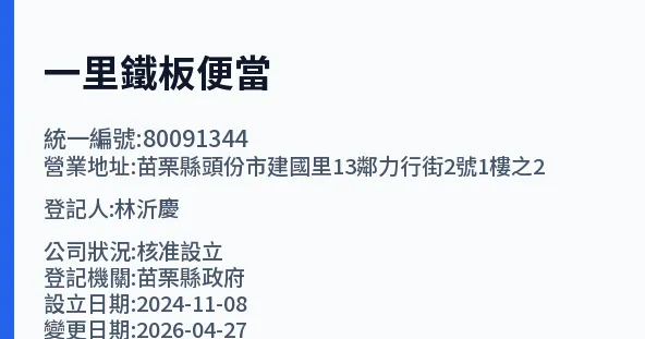 一里鐵板便當的照片-統編 80091344(苗栗縣) 公司登記資料與營業項目詳細圖表