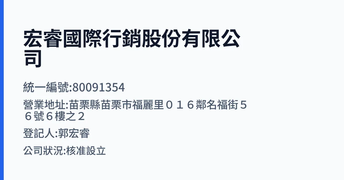 宏睿國際行銷股份有限公司 - 統編 80091354(苗栗縣) 公司登記資料與營業項目詳細圖表