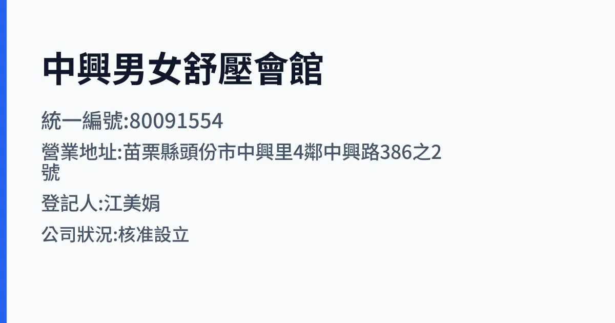 中興男女舒壓會館 - 統編 80091554(苗栗縣) 公司登記資料與營業項目詳細圖表