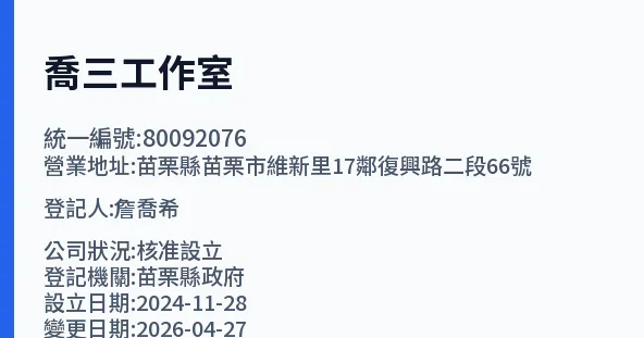 喬三工作室的照片-統編 80092076(苗栗縣) 公司登記資料與營業項目詳細圖表
