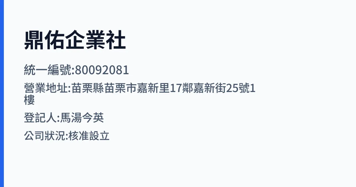 鼎佑企業社 - 統編 80092081(苗栗縣) 公司登記資料與營業項目詳細圖表