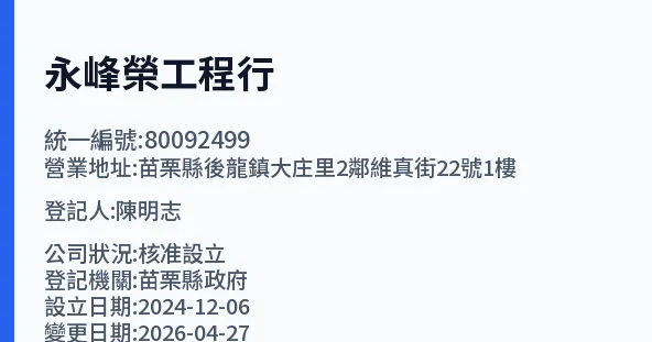 永峰榮工程行的照片-統編 80092499(苗栗縣) 公司登記資料與營業項目詳細圖表