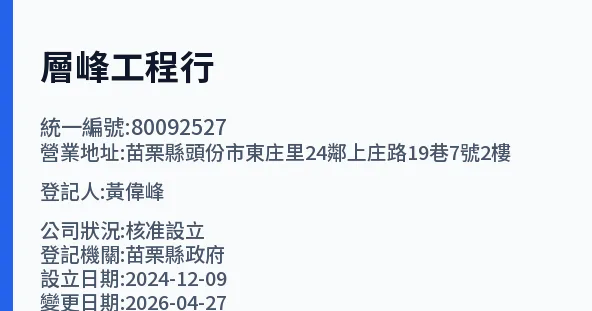 層峰工程行的照片-統編 80092527(苗栗縣) 公司登記資料與營業項目詳細圖表