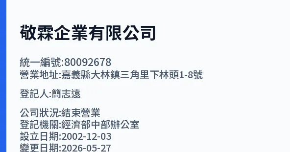 敬霖企業有限公司的照片-統編 80092678(嘉義縣) 公司登記資料與營業項目詳細圖表