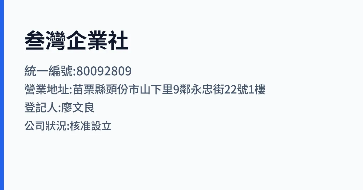 叁灣企業社 - 統編 80092809（苗栗縣） 公司登記資料與營業項目詳細圖表