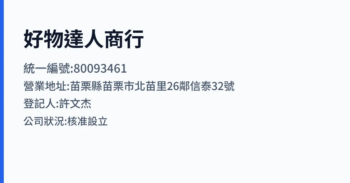 好物達人商行 - 統編 80093461(苗栗縣) 公司登記資料與營業項目詳細圖表