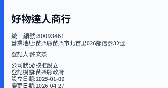 好物達人商行的照片-統編 80093461(苗栗縣) 公司登記資料與營業項目詳細圖表