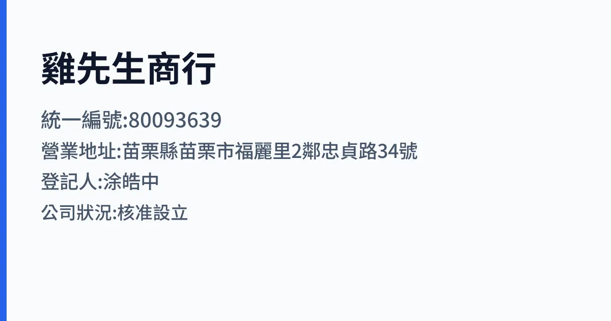 雞先生商行 - 統編 80093639(苗栗縣) 公司登記資料與營業項目詳細圖表