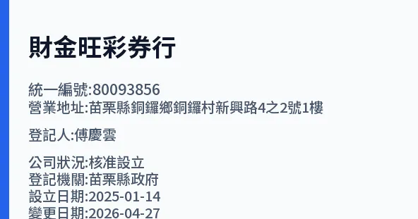 財金旺彩券行的照片-統編 80093856(苗栗縣) 公司登記資料與營業項目詳細圖表
