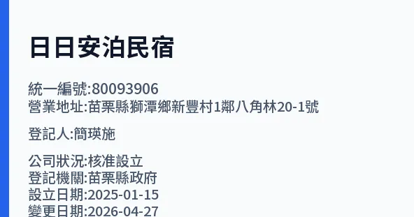 日日安泊民宿的照片-統編 80093906(苗栗縣) 公司登記資料與營業項目詳細圖表