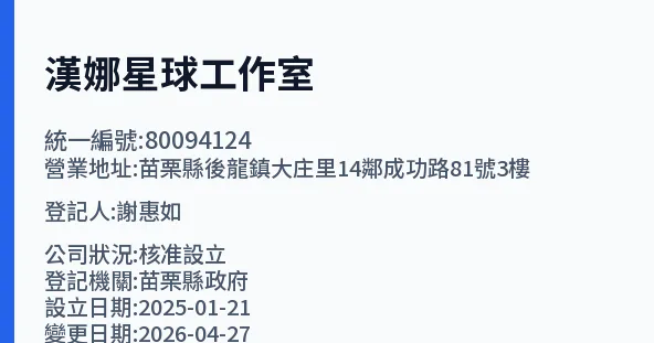 漢娜星球工作室的照片-統編 80094124(苗栗縣) 公司登記資料與營業項目詳細圖表