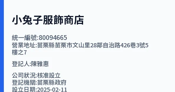 小兔子服飾商店的照片-統編 80094665(苗栗縣) 公司登記資料與營業項目詳細圖表
