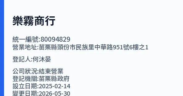 樂霧商行的照片-統編 80094829(苗栗縣) 公司登記資料與營業項目詳細圖表