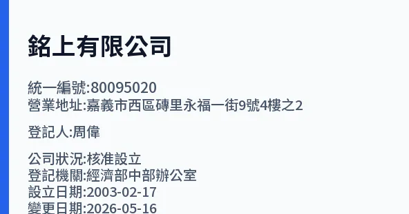 銘上有限公司的照片-統編 80095020(嘉義市) 公司登記資料與營業項目詳細圖表