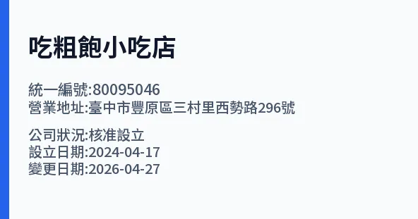 吃粗飽小吃店的照片-統編 80095046(臺中市) 公司登記資料與營業項目詳細圖表