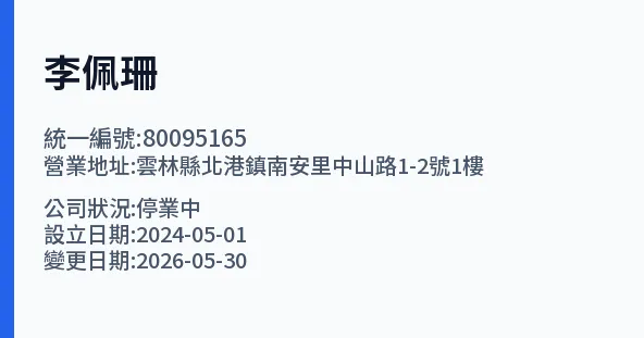 李佩珊的照片-統編 80095165(雲林縣) 公司登記資料與營業項目詳細圖表