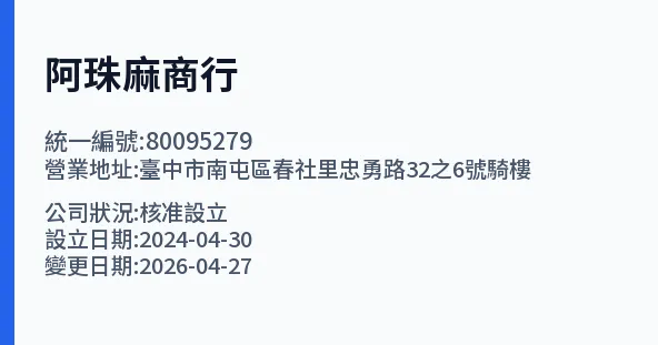 阿珠麻商行的照片-統編 80095279(臺中市) 公司登記資料與營業項目詳細圖表