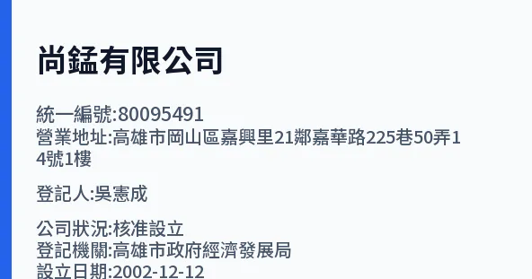 尚錳有限公司的照片-統編 80095491(高雄市) 公司登記資料與營業項目詳細圖表