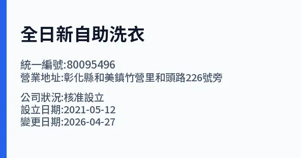 全日新自助洗衣的照片-統編 80095496(彰化縣) 公司登記資料與營業項目詳細圖表