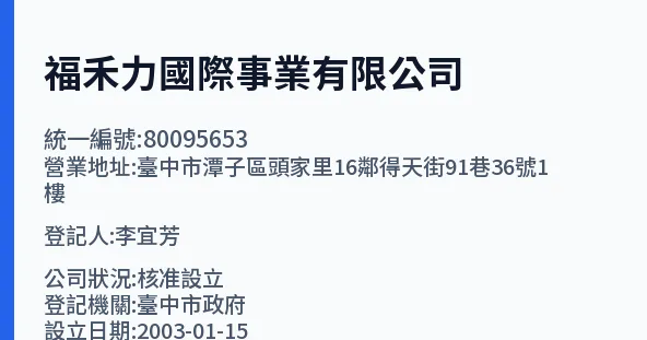 福禾力國際事業有限公司的照片-統編 80095653(臺中市) 公司登記資料與營業項目詳細圖表