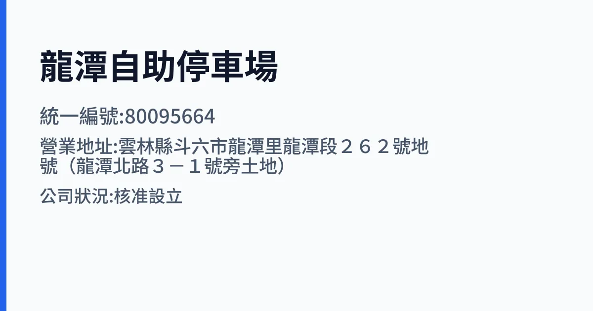 龍潭自助停車場 - 統編 80095664(雲林縣) 公司登記資料與營業項目詳細圖表