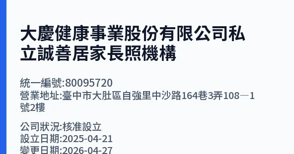 大慶健康事業股份有限公司私立誠善居家長照機構的照片-統編 80095720(臺中市) 公司登記資料與營業項目詳細圖表