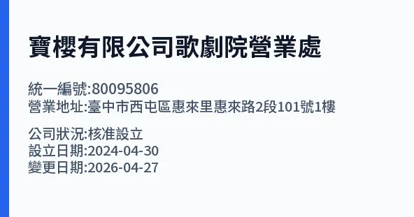 寶櫻有限公司歌劇院營業處的照片-統編 80095806(臺中市) 公司登記資料與營業項目詳細圖表