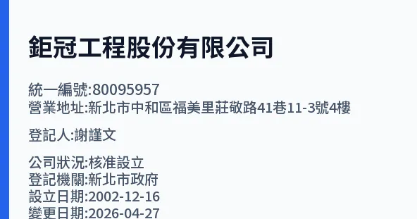鉅冠工程股份有限公司的照片-統編 80095957(新北市) 公司登記資料與營業項目詳細圖表