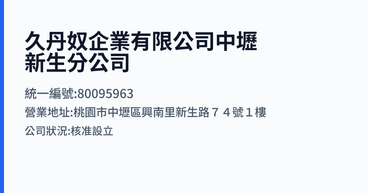 久丹奴企業有限公司中壢新生分公司 - 統編 80095963（桃園市） 公司登記資料與營業項目詳細圖表