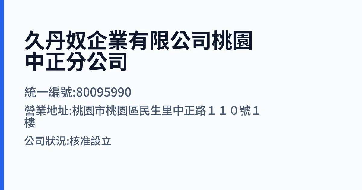 久丹奴企業有限公司桃園中正分公司 - 統編 80095990（桃園市） 公司登記資料與營業項目詳細圖表